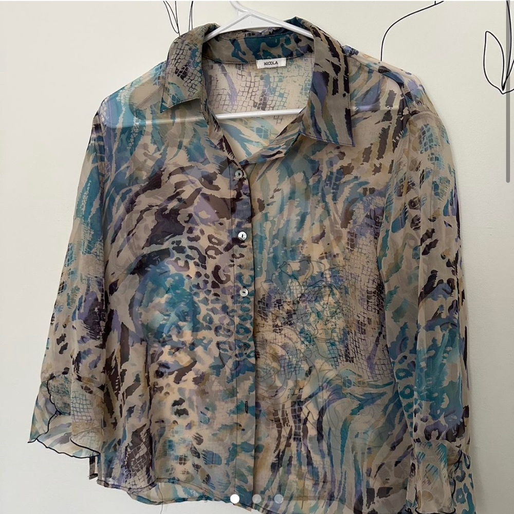 Sheer See Through Blue And Black Animal Print Blouse … - Gem